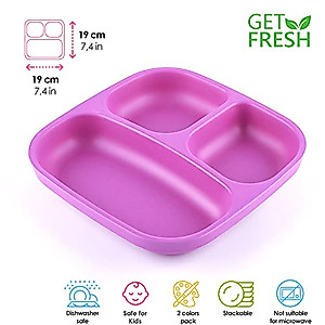 GET FRESH Bamboo Kids Divided Plates Set – 2-Pack 3 Compartment Bamboo Childrens Plates for Kids Meals – Reusable Bamboo Toddler Divided Plates Set – Colorful Bamboo Kids Dinnerware Sectioned Plates