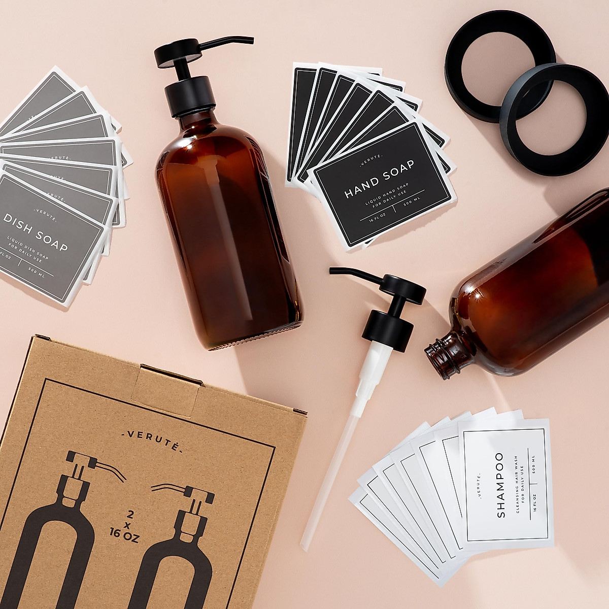 Verute 16oz Glass Soap Dispenser with Stainless Steel Pump, 21 Waterproof Labels, Non-Slip Protective Silicone Pad, Set of 2 for Bathroom & Kitchen (Amber Bottle/Black Pump)