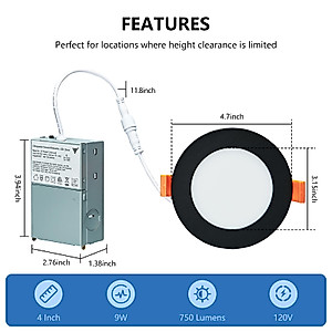 CycevSun 12 Pack Black Recessed Lights, Canless 4 Inch Soffit Wafer Lighting with Junction Box, Dimmable & 2700K 3000K 3500K 4000K 5000K Selectable, 9W, 120Vac, Wet & IC Rated, ETL