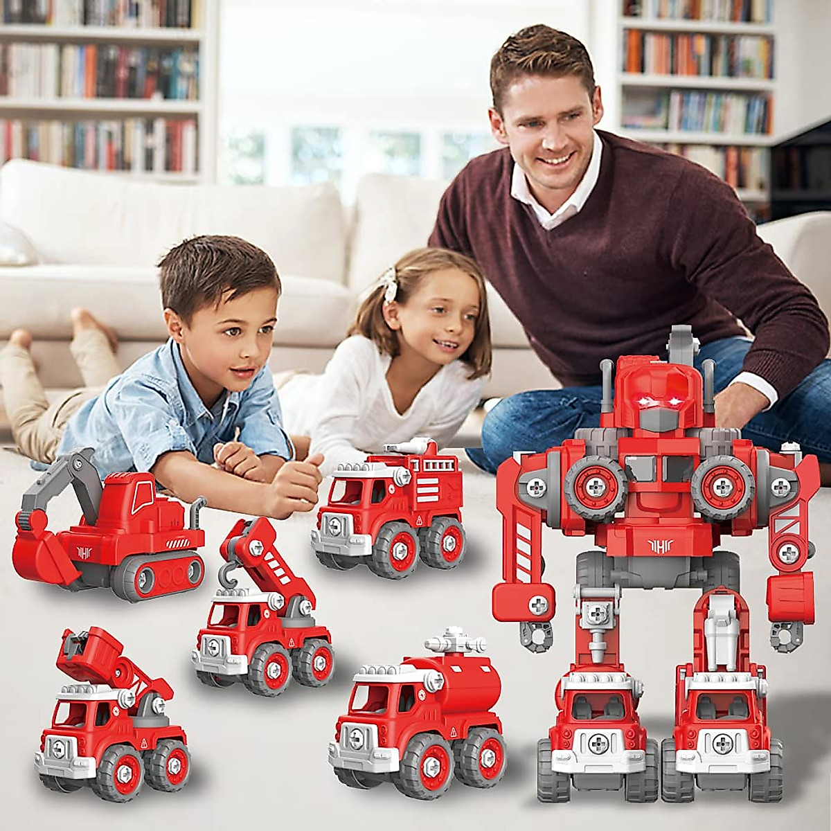 Fire Truck Toy for Boys Take Apart Robot Toys 5 in 1 Transform Robot Car Set, Firetruck Construction Vehicles Sets Building Robot Toys Kits with Drill Light and Music Gift for Boys Girls Ages 3-8