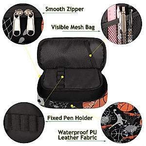 Basketball Slam Player Hoop Leather Pencil Case Pen Holder Sports-Themed Large Capacity Stationery Organizer Pencil Bag with Zipper for Boys Girls Basketball Pencil Pouch for School College Office