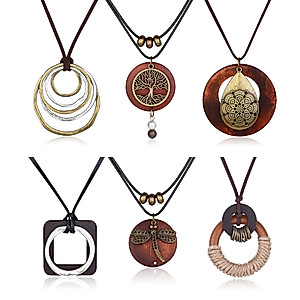 SAILIMUE 6Pcs Long Pendant Necklaces for Women Boho Vintage Wood Fall Sweater Necklaces Set Statement Feather Dragonfly Peace Sign Y Necklace Hippie Handmade Fashion Jewelry Accessories