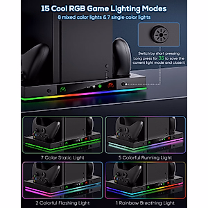 Upgrade Cooling Fan & Dual Charging Stand for Xbox Series X Console & Controller,Cooler Charger Station System for Series X with 15 RGB Lights,2 x 1400mAh Rechargeable Battery,Disc Accessories Storage