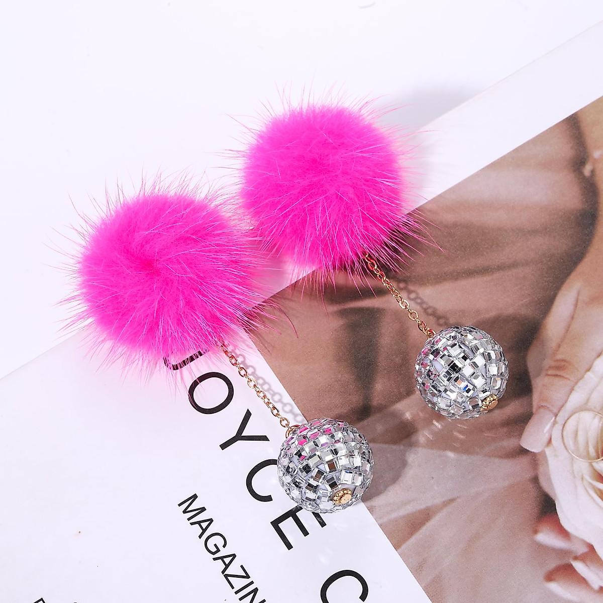 Hot Pink Earrings Disco Ball Earring for Women Pom Pom Dangle Earrings Reflective Mirrorball Earrings 70s 80s Disco Dance Party Costume Accessories Cowgirl Country Concert Outfits Halloween New Year
