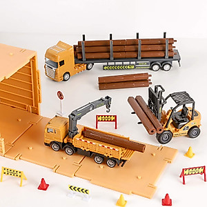 iPlay, iLearn Construction Truck Toy Set, Cargo Transport Vehicles Site Playset, Gantry Crane, Trailer, Logging, Pickup Tow Trucks, Forklift, Birthday Gift for 3 4 5 Year Olds Boys Kid Toddler Child