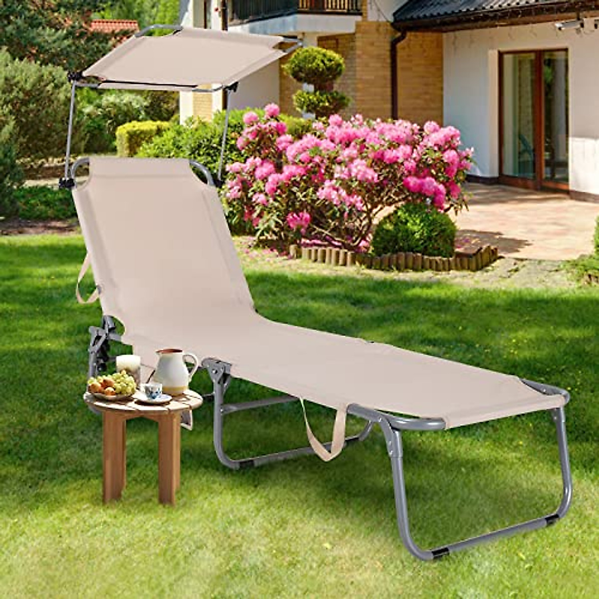 GYMAX Tanning Chair, Beach Lounge Chair with Canopy Sunshade, Carry Handle & Pocket, 5 Level Adjustable Layout Chaise Lounge for Outside, Folding Sunbath Chair for Outdoor, Patio, Poolside (1, Sand)