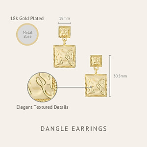 Ettika Gold Earrings. Earrings For Women, 18k Gold Plated Textured Repeated Squares Drop Earrings. Jewelry