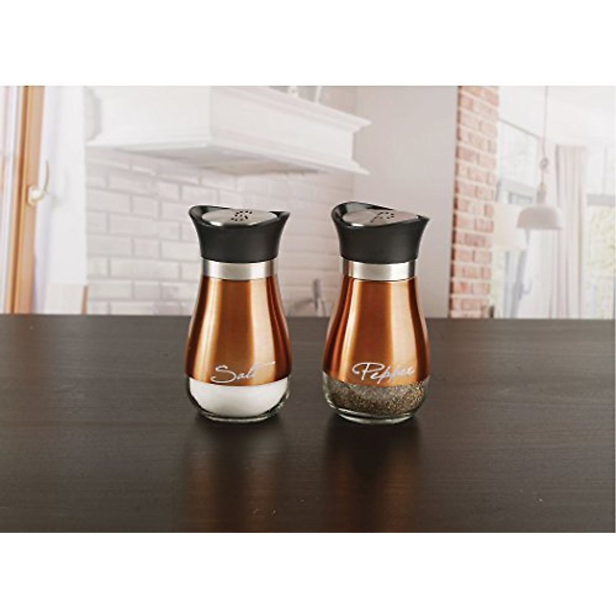 Circleware Cafe Contempo Elegant Glass Salt and Pepper Shakers Dispenser, Clear Bottom Jar Bottle Container with Stainless Steel Top, Perfect for Himalayan Seasoning Herbs Spices, 4.4 oz, Copper