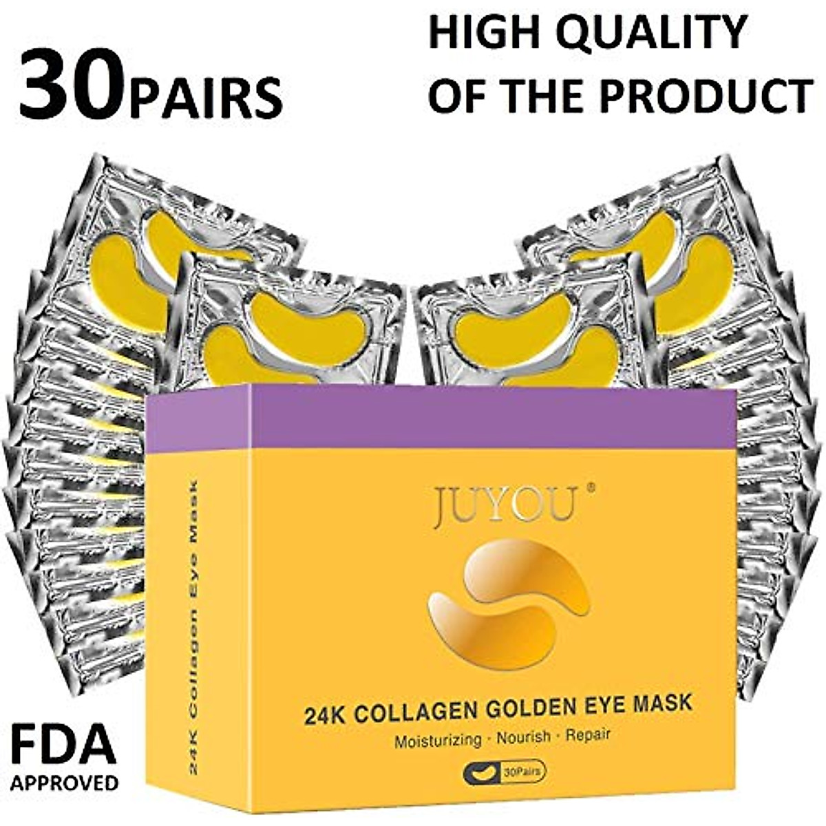 JUYOU 30Pairs 24K-Gold Collagen Eye Mask, Eye Pads, Eye Patch For Anti-wrinkles, Puffy Eyes, Dark Circles, Fine Lines Treatment, Gel Eye Pads, Under Eye Patches (Gold)