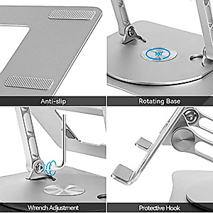 Bcom Adjustable Laptop Stand with 360° Rotating Base，Foldable Aluminum Alloy Computer Laptop Riser，Ergonomic Design，Compatible with 10 to 17" Laptops，Laptop Stand for Desk for Office and Home，Silver