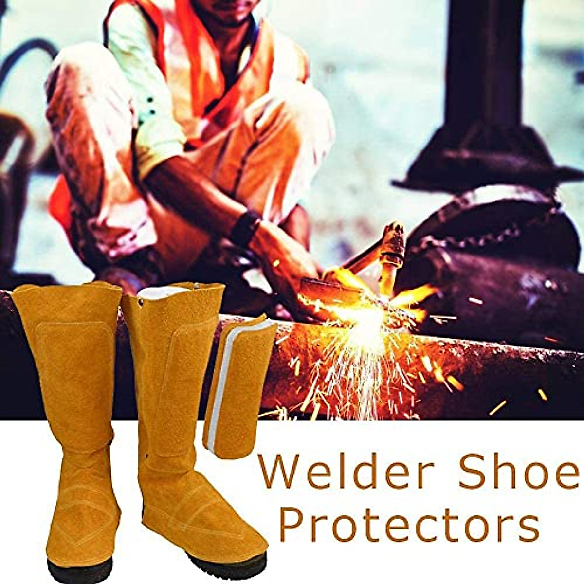 QEES 11" Welder Shoe Protector, Long Cowhide Leather Shoe Protector, Heat and Abrasion Resistant Welding Spats Shoes Cover, Welder Working Tool Thick Three-Layer Protection Feet Cover for Human Calf