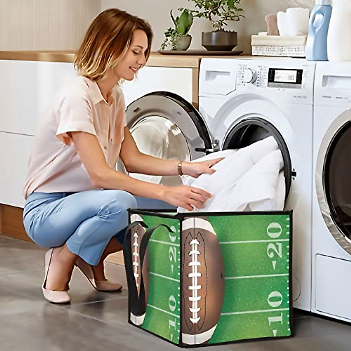 KEEPREAL American Football Cube Storage Bin with Handles, Large Collapsible Organizer Storage Basket for Home Decorative(1Pack,10.6 x 10.6 x 10.6 in)