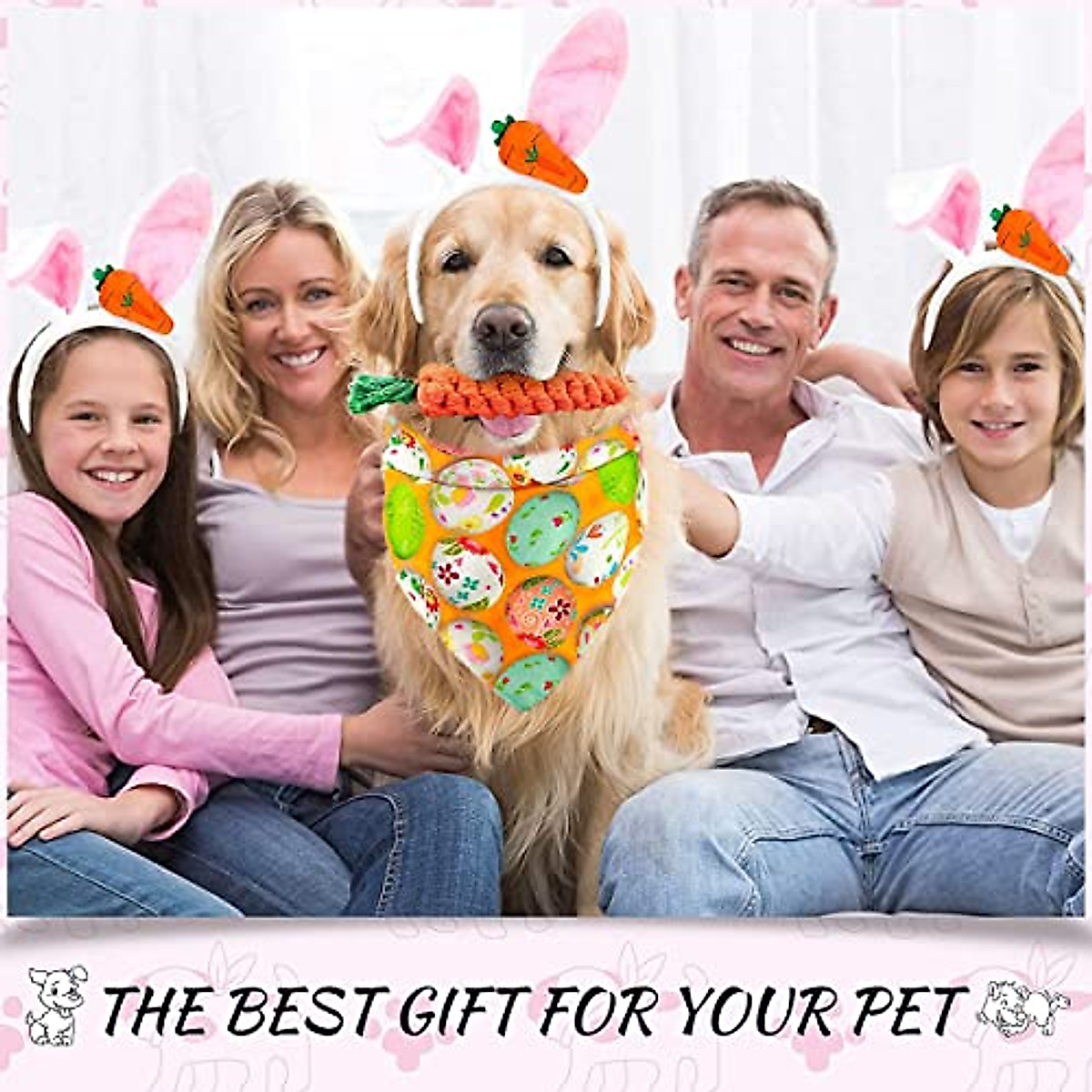 Dog Easter Bunny Costume, 3 Pack Pet Rabbit Ears Headband, Egg Dog Bandana, Carrot Dog Toy Set, Easter Dog Costumes for Small Dogs Cat Puppy Party Apparel Easter Halloween Accessory Headwear