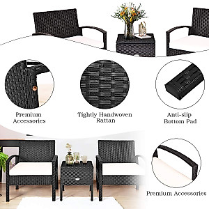 COSTWAY Rattan Patio Furniture Set 3 Pieces, Wicker Conversation Set with Tempered Glass Coffee Table, Seat Cushions, Outdoor Chair Wicker Sofa for Backyard Balcony Porch Poolside, White