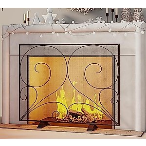 Fire Beauty Single Panel Fireplace Screen Handcrafted Solid Wrought Iron Mesh, Heat-Resistant Fire Spark Guard for Fireplace-Black