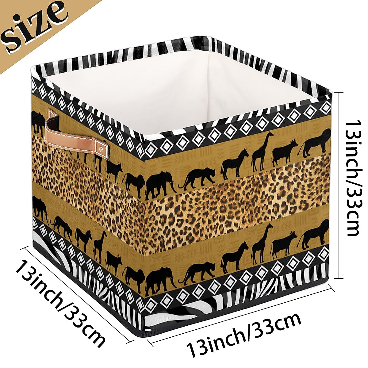 Mardesigns Leopard Print Animal 13 x 13 x 13 Inch Cube Storage Bins Bohemian Fabric Foldable Storage Cubes Basket Boxes with PU Handles for Shelves Closet Bedroom Organizer Clothes