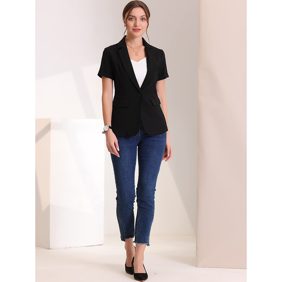 Allegra K Women's 1 Button Office Business Short Sleeve Blazer Jacket Small Black