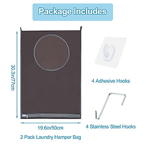 QUMENEY 2 Pack Door Hanging Laundry Hamper, XL Hanging Laundry Bag with 4 Hooks Over Door Laundry Hampers for Dirty Clothes, Large Laundry Organizer Bag for Bedrooms Dorms Closets（31"X 20",Grey)