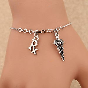QIIER Pharmacist Gift RX Bracelet RX Symbol Pharmacy Charm Slider Bracelet Pharmacy Technician Jewelry Pharmacy Student Graduation Gift (silver)