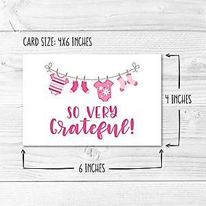 24 Pink Clothesline Baby Shower Thank You Cards With Envelopes, Girl Sprinkle Thank-You Note, 4x6 Gratitude Card Gift For Guest Pack, Gender Reveal DIY So Grateful Varied Onesie Event Stationery