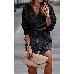 PRETTYGARDEN Women's 2024 Fall Pullover V Neck Knitted Sweater Casual Long Sleeve Jumper Top (Black, Large)