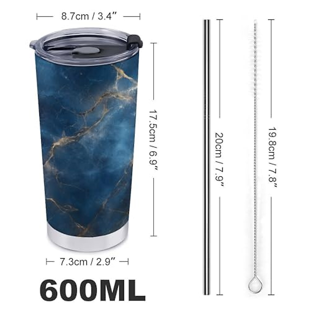 DuduYH 20 Oz Tumbler Travel Cup Elegant Blue Marble Textures Water Bottle, Stainless Steel Vacuum Insulated Coffee Mug with Straw Lid And Cleaning Brush