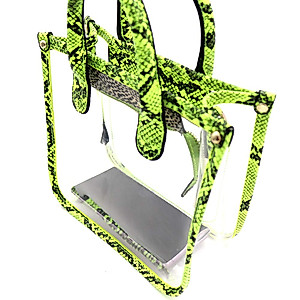 Stadium Approved Vegan Leather Snake Print Small Large Clear Tote Bag Purse (Small 2 Way Tote - Neon Yellow)