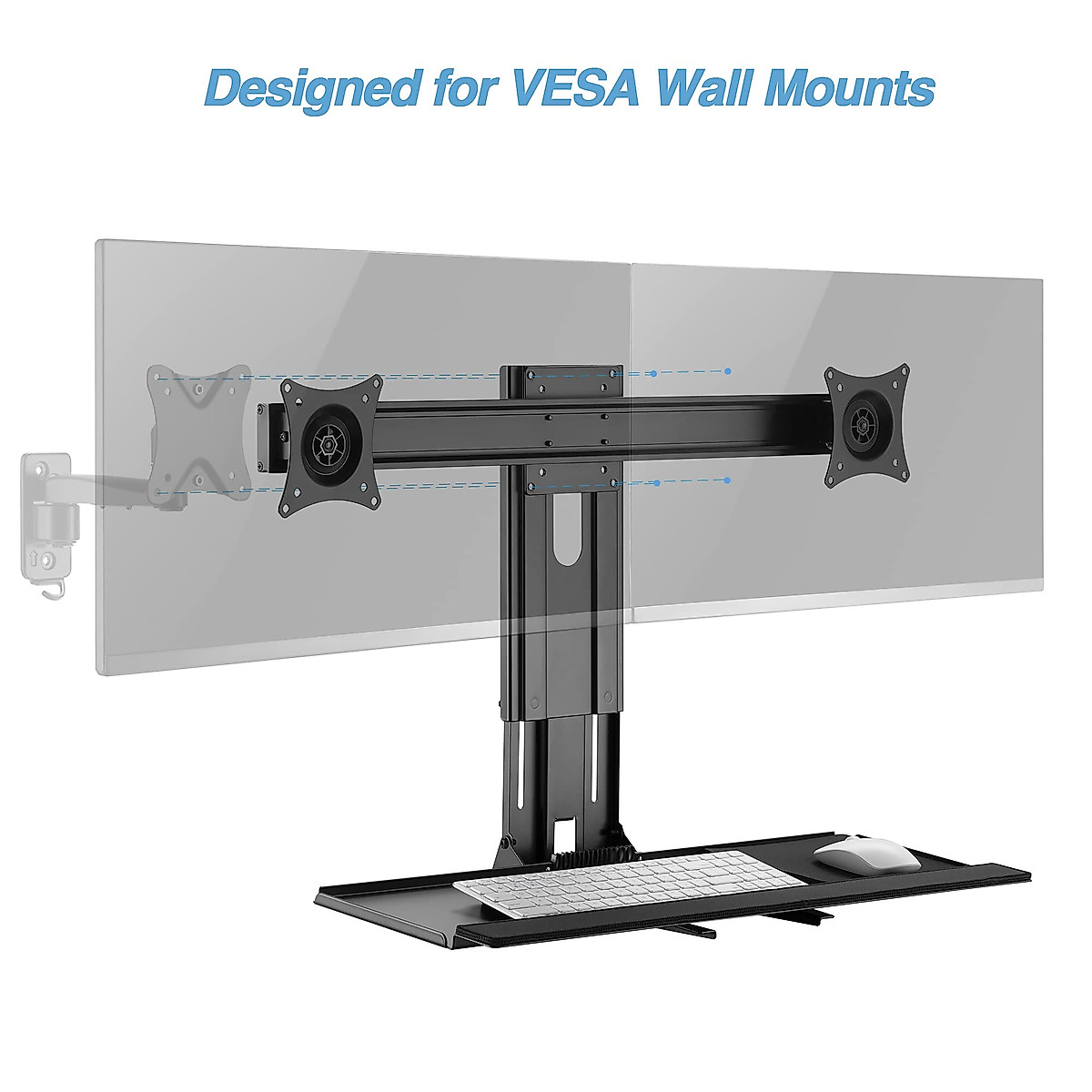 AVLT Dual 17”-27" Sit Stand Monitor Wall Mount with Height Adjustable Keyboard Tray Workstation – Adapter for VESA Compatible Wall Mounts – Keyboard Tray with Wrist Rest Mouse Pad