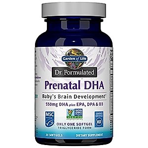 Garden of Life Dr. Formulated Prenatal DHA Fish Oil - 550mg DHA & DPA in Triglyceride Form 100% DV Vitamin D3, Single Source, Mercury Free Omega 3 DHA Supplements for Women's Health, 30 Softgels