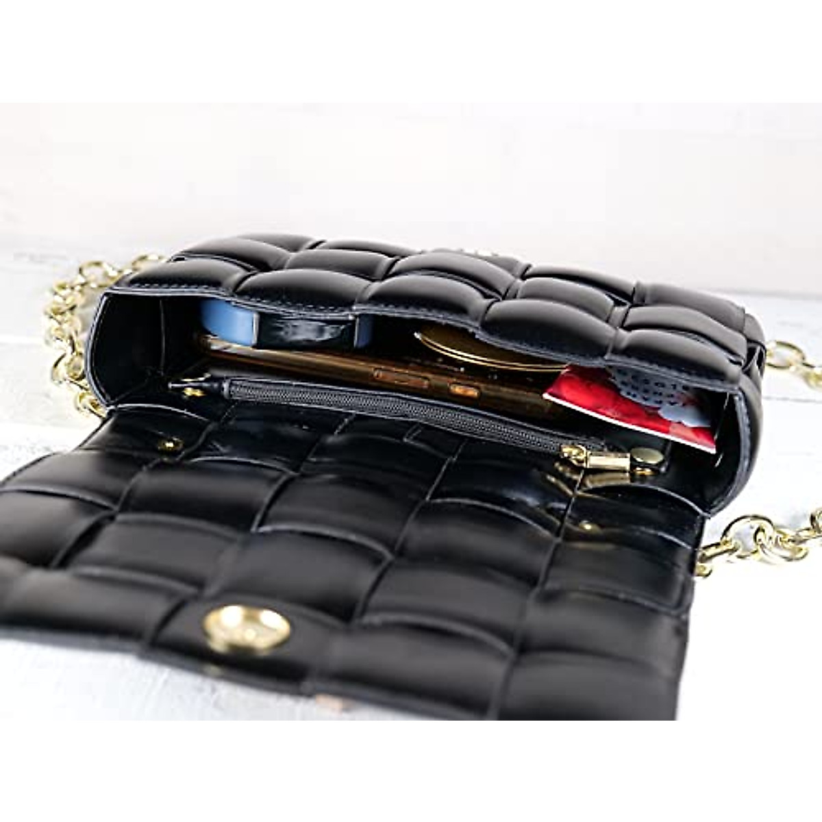 Bella Luna Woven Padded Cassette-Style Crossbody Handbag Purse for Women with Chain Bag (Black-Chain)