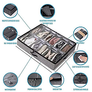 DODOLOOK Set of 2, Fits 24 Pairs Total - Underbed Storage Solution, Cloth Storage,Firm Structure, Clear Cover - 2 Pack Under Bed Shoe Storage Organizer