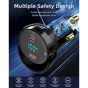100W USB C Car Charger, Baseus PD3.0 QC4.0 PPS Super Fast Charging Type C Car Charger with LED Display Adapter for iPhone 14/13/ Pro Max Samsung Galaxy S22/S21 Ultra/Tab S8 iPad MacBook Laptop