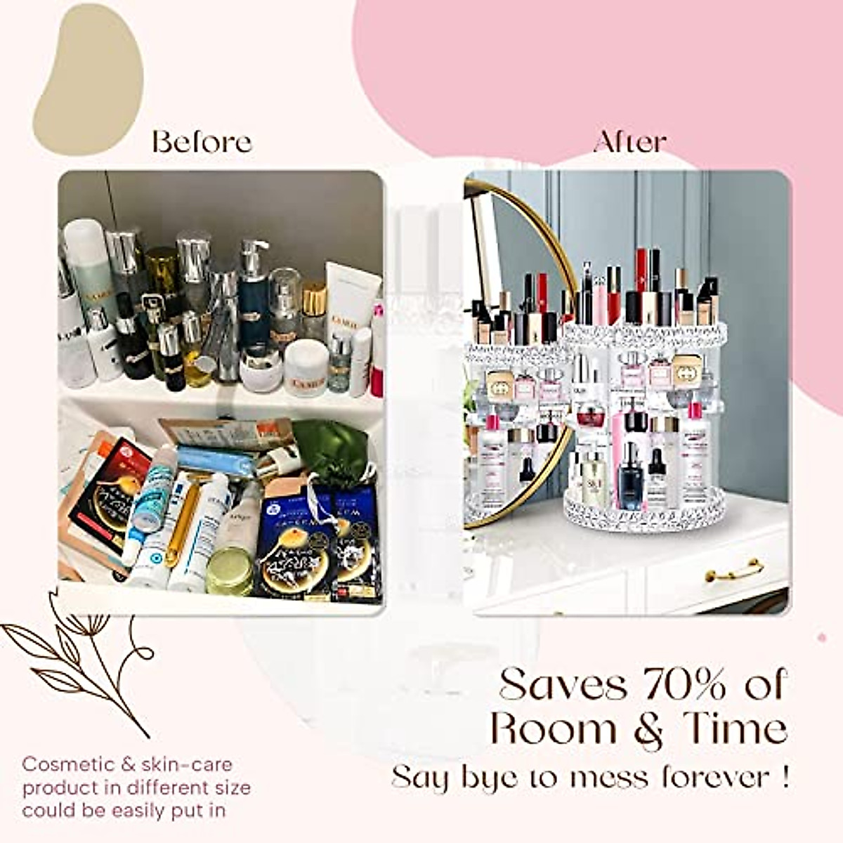 TRENDVIBE Clear Makeup Bathroom Organizer Rotating Large Transparent Display Case for Cosmetics Lipsticks Jewelry Skincare Brushes perfume nail polish countertop storage clear drawer