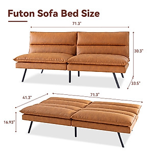 Hcore, Faux Leather Futon Couch, Memory Foam Small Splitback Loveseat Sleeper Sofa Bed Sofabed, Pure Brown