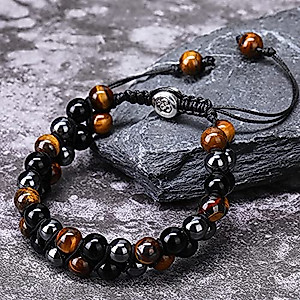 2 Pieces Lava Rock Bead Bracelets Hematite Black Obsidian Tiger Eye Stone Bracelet Healing Crystal Gemstone Bead Bracelet Adjustable Anxiety Bracelet