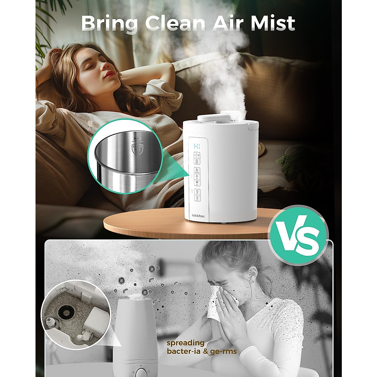Healthy Warm Mist Humidifiers for Bedroom, 3L/100oz Stainless Steel Humidifier Easy Clean, Steam Humidifier for Living Room, Whisper-Quiet, Filterless and Simple Use