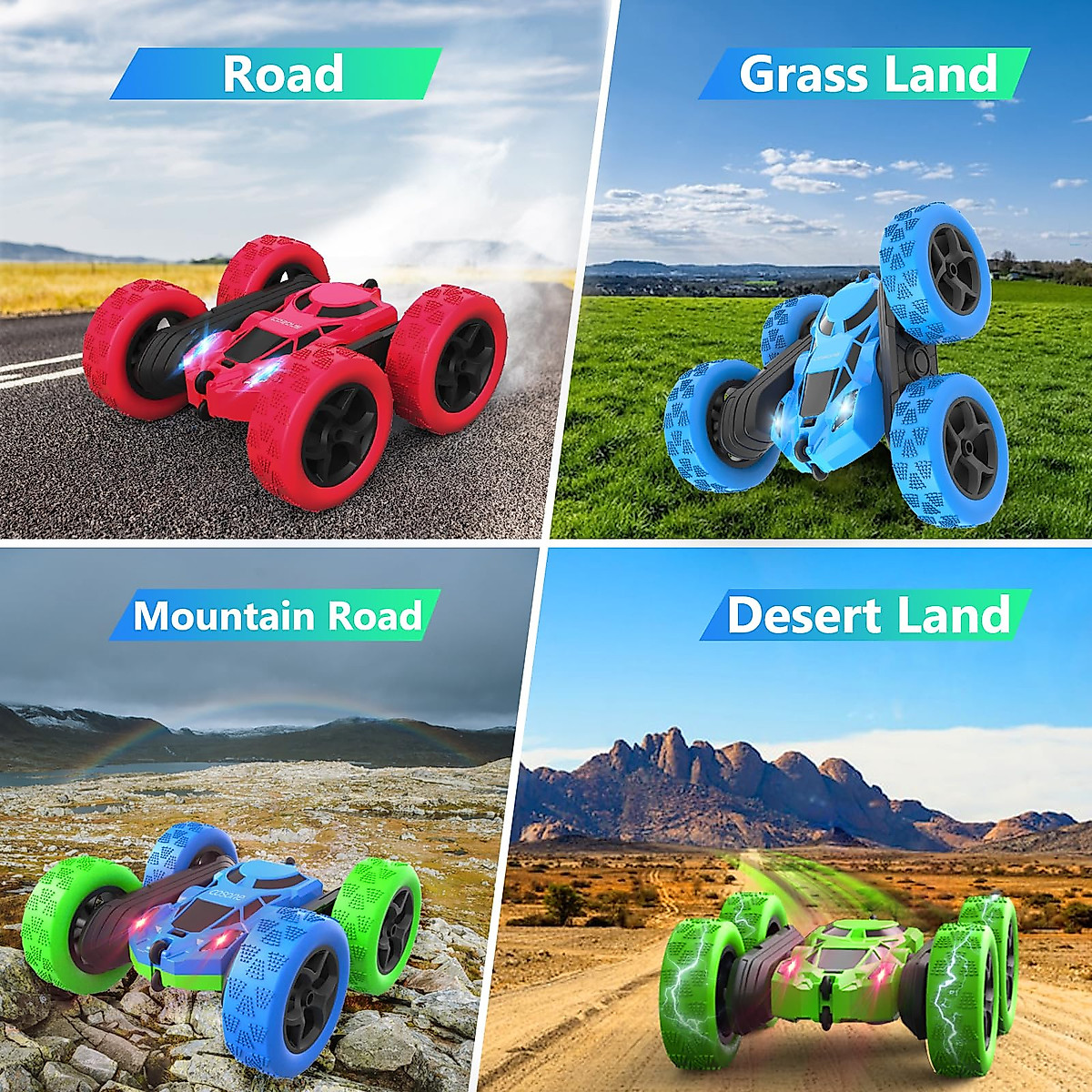 cosone Remote Control Car Toys for Boys - 4WD 2.4Ghz Double Sided 360° Rotating All Terrain RC Cars with Cool Lights, Kids Birthday for Boys-Blue&Green