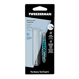 Tweezerman Mini Slant Tweezer - Tweezers for Eyebrows, Travel Tweezers for Eyebrows, Facial Hair, Ingrown Hair (Geometric Pattern)