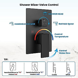 gotonovo Matte Black Shower System Bathroom Shower Faucet Wall Mount 8 Inch Square Rainfall Shower Head 3-Function Waterfall Tub Spout and Hand Held Spray with Rough-in Valve and Shower Trim Included