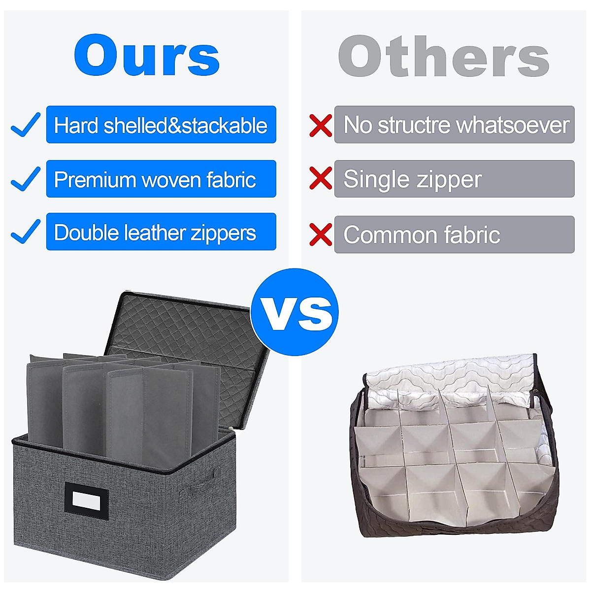 Wine glass Storage Box with Divider - China Storage Containers Hard Shell Stemware Storage Bins with Lids Holds 12 Wine Glass or Crystal Glassware Case, Stackable with Label Window (Dark Grey)