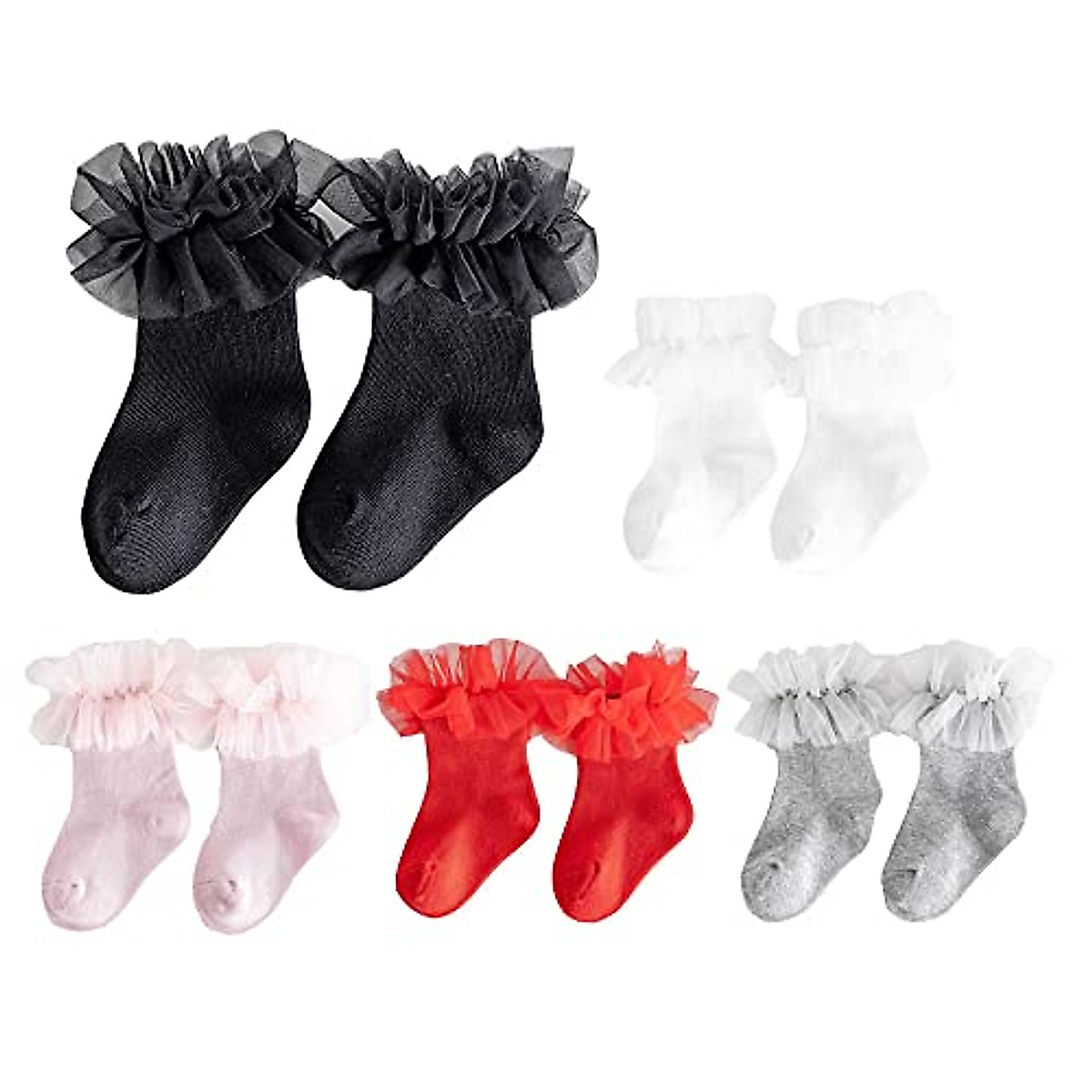 Baby Girl Princess Ruffle Lace Socks Toddler Girls Fluffy Tulle Socks Newborn Baby Dress Socks (6Pairs-A, M(2-3 Years))