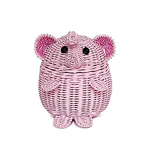 G6 COLLECTION Elephant Rattan Storage Basket With Lid Decorative Bin Home Decor Hand Woven Shelf Organizer Cute Handmade Handcrafted Nursery Gift Animal Decoration Wicker Elephant (Small, Pink)