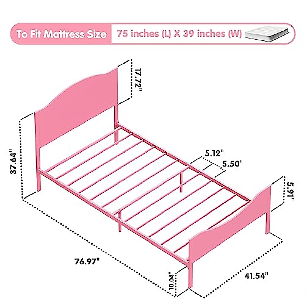 Timy Pink Kids Twin Bed Frame with Wooden Headboard and Footboard, Metal Platform Bed Frame for Boys Girls Teens Adults, Modern Kids Bed Furniture, No Box Spring Needed