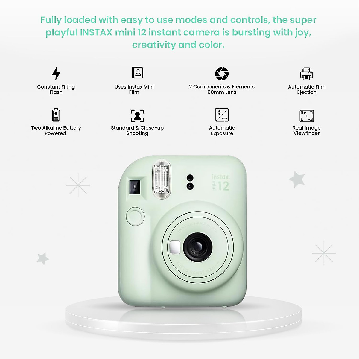 Fujifilm Mini 12 Instant Camera Starter Bundle: Includes Mini Film Value Pack (60 Sheets) + 4 Pack AA Batteries + Lens Cleaning Cloth (Mint Green)