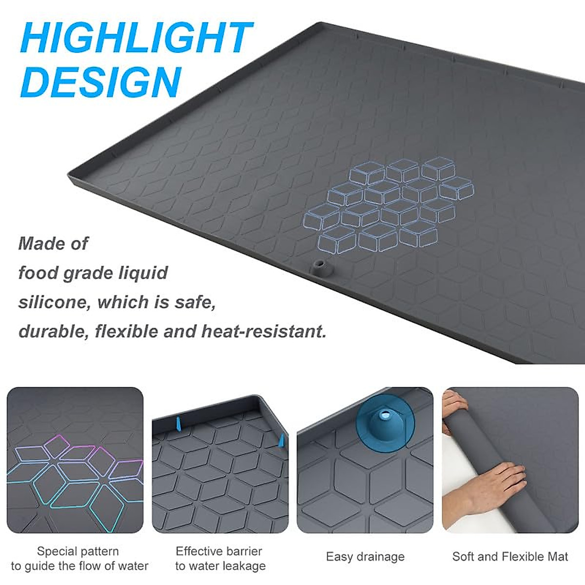 AUMIO Under Sink Mat, Under Sink Mats for Kitchen Waterproof 22" x 34" Under Kitchen Sink Mat Silicone Under Sink Liner Drip Tray with Drain Hole, Sink Cabinet Protector Mat for Kitchen Bathroom Grey