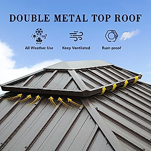 Domi 8’ x 6’ Grill Gazebo, Outdoor Aluminum BBQ Gazebo with 2 Side Shelves, Hardtop Double Roof Permanent Sun Shade with Ceiling Hooks for Patio Deck Yard Garden (Brown)