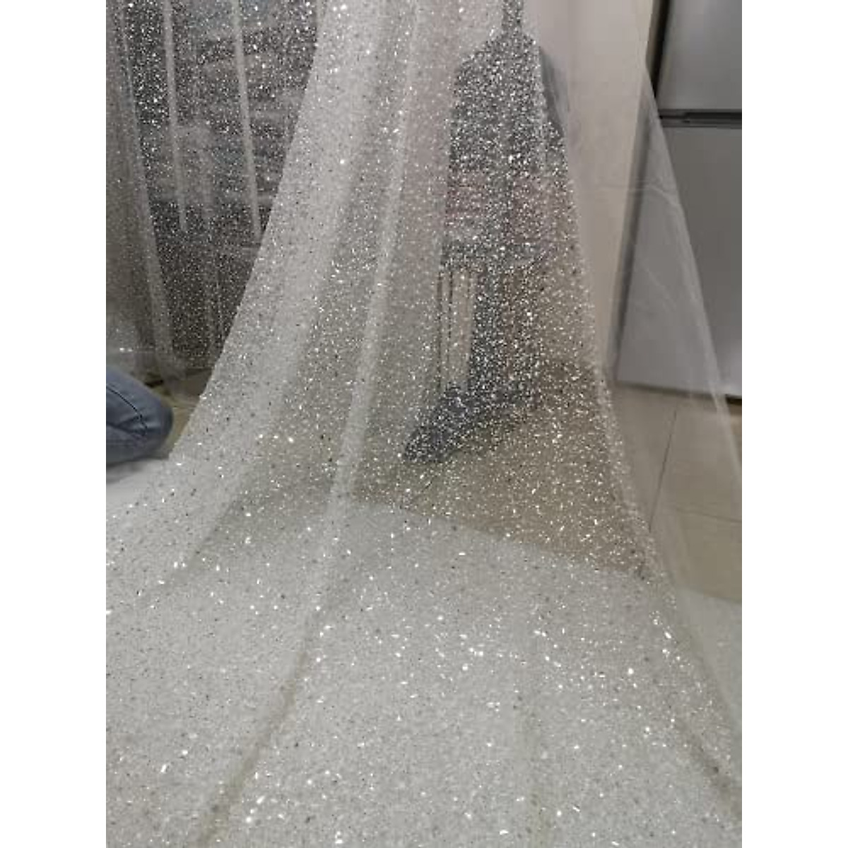 51" Wide Exquisite Heavily Pearl Beaded Soft Tulle Wedding Lace Fabric Clear French Sequined Lace Fabrics for Wedding Dress Bridal Veil DIY Home Decoration (3 Yard, White 2)