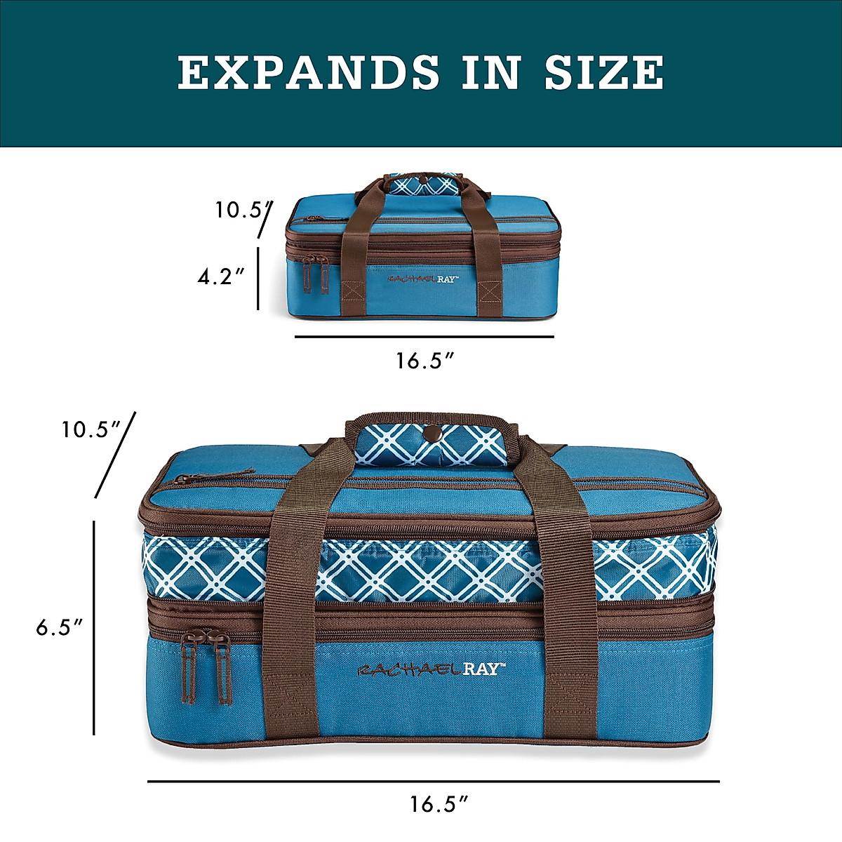 Rachael Ray Expandable Insulated Casserole Carrier for Hot or Cold Food, Thermal Lasanga Lugger Tote for Pockluck, Parties, Picnic, and Cookouts, Fits 9" x 13" Baking Dish, Bias Plaid Marine Blue