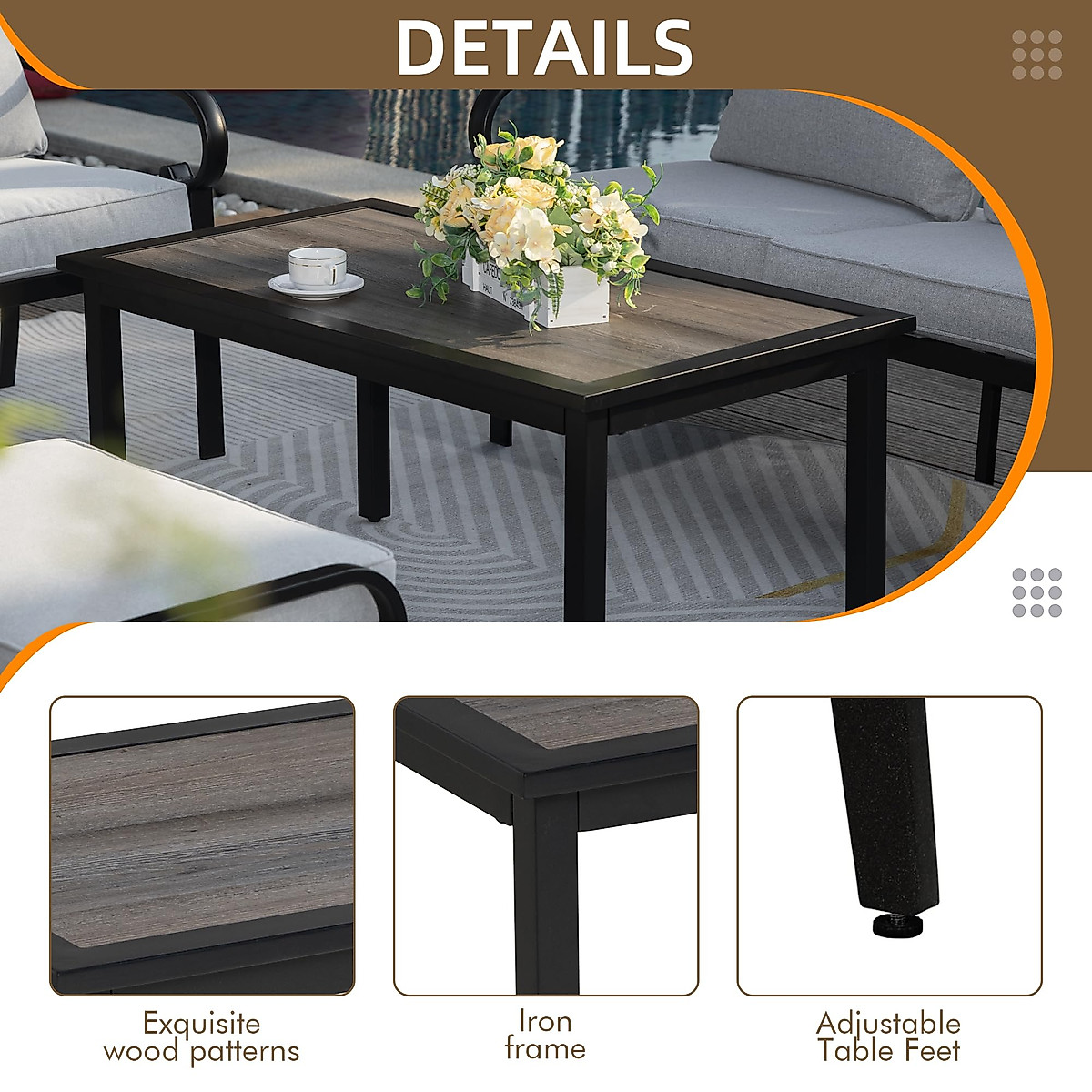 MEOOEM Patio Sofa Conversation Furniture Outdoor Loveseat with Table, Metal Frame with Gray Cushions for Porch Balcony Deck