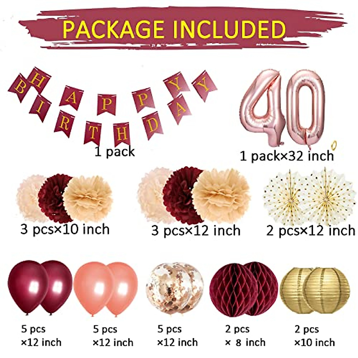 40th Birthday Decorations for Women Fall Burgundy Rose Gold 40th Birthday Party Supplies Polka Dot Fans 40th Birthday Balloons Burgundy Rose Gold 40 Birthday Decorations Fall